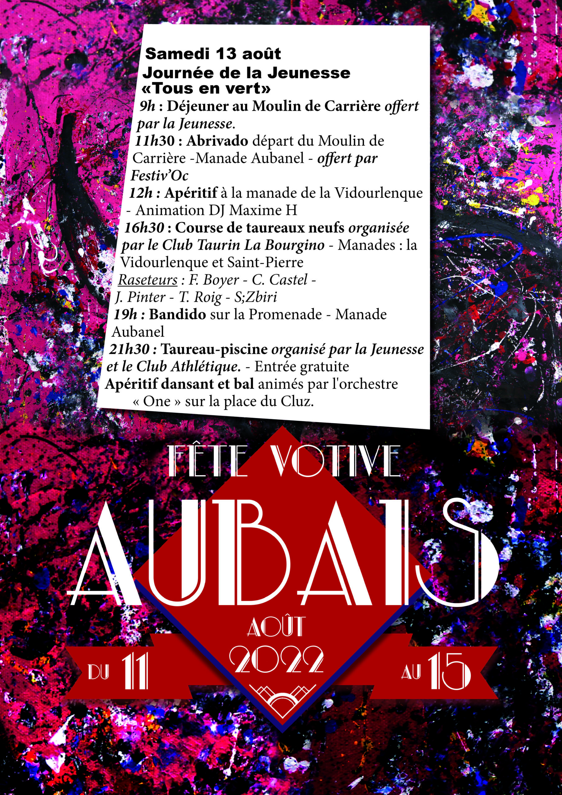 Fête Votive : Programme de la journée du 13 Août - Aubais